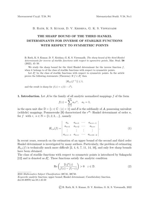 Pdf The Sharp Bound Of The Third Hankel Determinants For Inverse Of