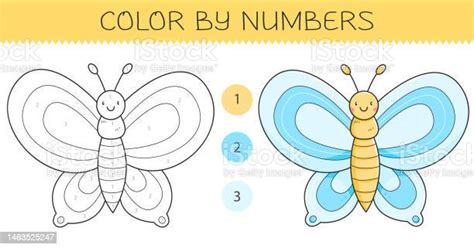 나비와 함께 아이들을위한 숫자 색칠 공부 책으로 색칠하십시오 색칠하기 위한 예제가 있는 귀여운 만화 나비가 있는 색칠 공부 페이지 흑백 및 컬러 버전 벡터 그림입니다 0명에