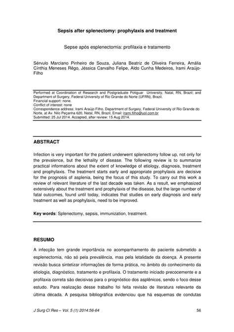 Pdf Sepsis After Splenectomy Prophylaxis And Treatment