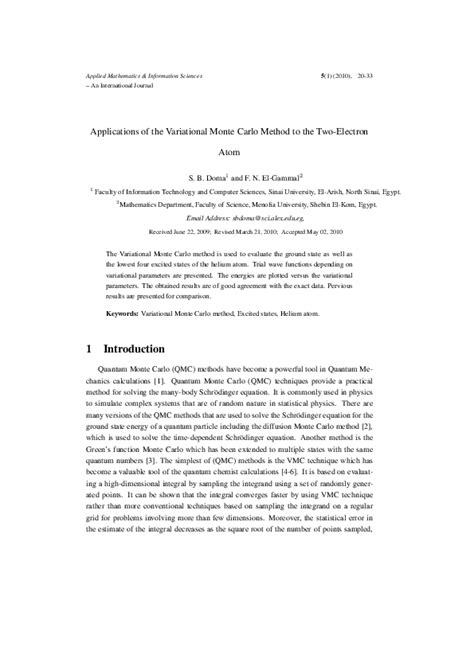 Pdf Applications Of The Variational Monte Carlo Method To The Two Electron Atom