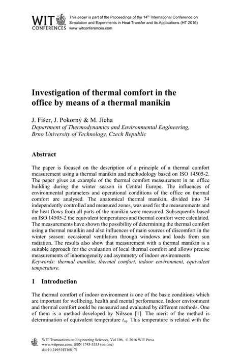 Pdf Investigation Of Thermal Comfort In The Office By Means Of A