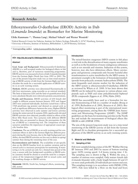Pdf Ethoxyresorufin O Deethylase Erod Activity In Dab Limanda Limanda As Biomarker For