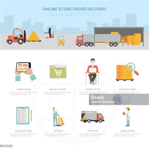 온라인 주문 배달 Infographics 운송 교통 전자 상거래 비즈니스 정보 그래픽을 저장 합니다 평면 스타일 웹 사이트 응용 프로그램 아이콘 설정 개념 벡터 일러스트