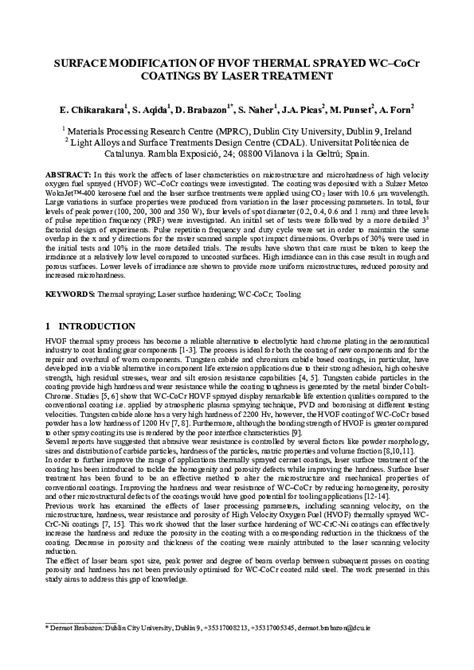 Pdf Surface Modification Of Hvof Thermal Sprayed Wccocr Coatings By