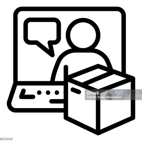 골판지 상자와 사람 라인 아이콘 물류 및 배달 기호 흰색 배경에 인터넷 배달 벡터 기호 소포 배달 대화 상자 노트북 화면