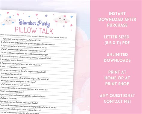 Pillow Talk Sleepover Game For Girls Printable Slumber Party Game