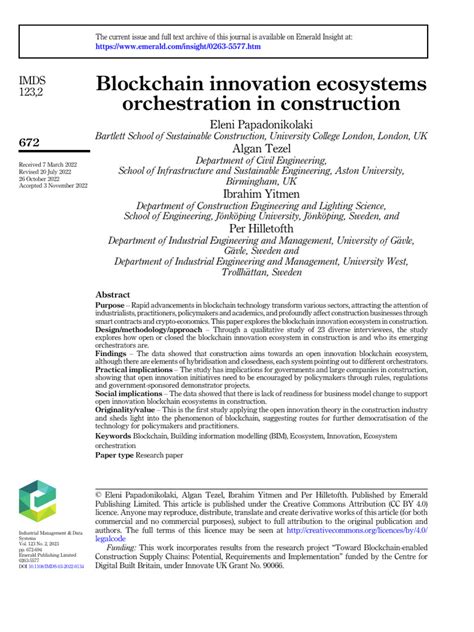 Blockchain Innovation Ecosystems Orchestration In Construction Pdf Innovation Supply Chain