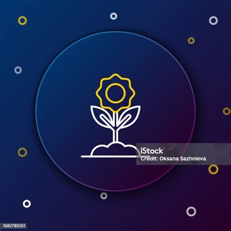 흰색과 노란색 선 진한 파란색 배경에 격리된 꽃 아이콘 다채로운 개요 개념입니다 벡터 일러스트 레이 션 개화기에 대한 스톡 벡터