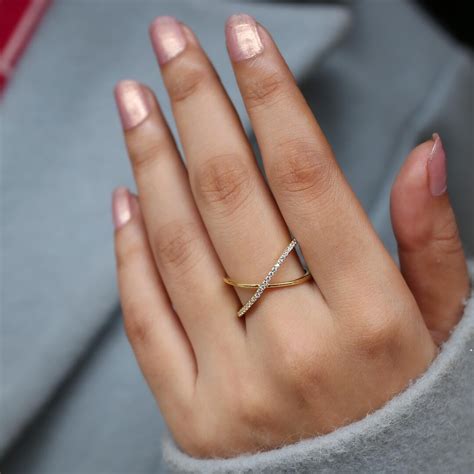 Pave Moissanite X Ring 14k Gold Criss Cross Double Band Etsy