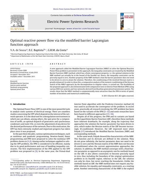 Pdf Optimal Reactive Power Flow Via The Modified Barrier Lagrangian