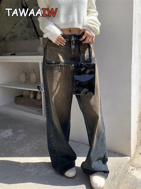 Tawaaiw 세련된 아메리칸 레트로 헐렁한 남자 친구 청바지 여성용 와이드 레그 팬츠 빈티지 Do Old 데님 팬츠 Y2k Jean Trousers