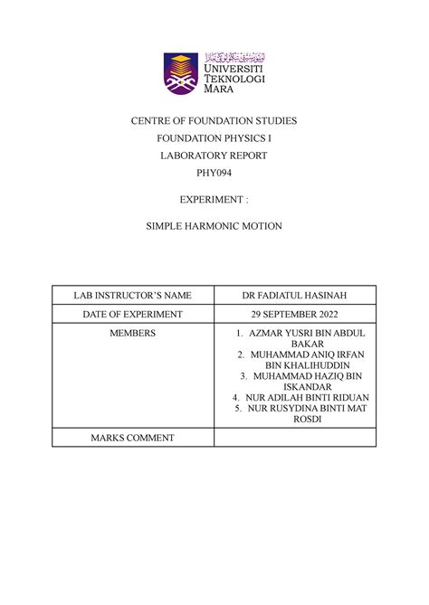 Lab Report Phy Experiment Simple Harmonic Motion CENTRE OF