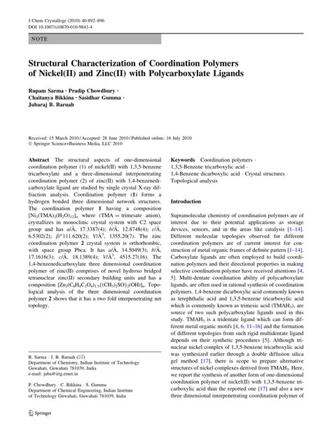 Pdf Structural Characterization Of Coordination Polymers Of Nickelii And Zincii With