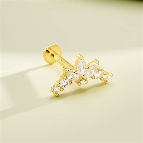 Oufer 14k Solid Gold Tiara Threadless Push Pin Nose Piercing Earrings Oufer Body Jewelry