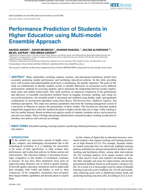 PDF Performance Prediction Of Babes In Higher Education Using Multi Model Ensemble Approach