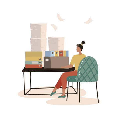 Busy Secretary Sitting At Desk With Stack Of Folders And Pile Of Papers