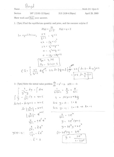 Practice Quiz 6 With Resolution Calculus Math 211 Docsity
