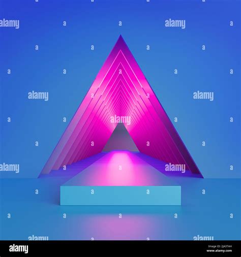 3d Render Abstract Blue Background Pink Neon Light Inside Triangular Tunnel Portal Inside