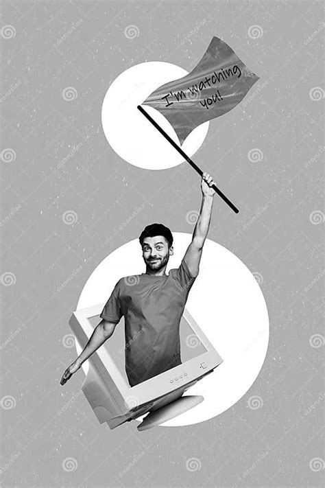 Collage Photo Of Young Hacker Smiling Positive Inside Computer Monitor Spying Your Information