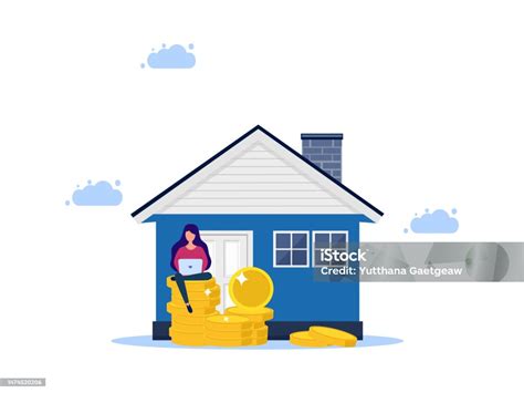돈 더미에 노트북과 집을 가지고 일하는 여자 비즈니스 및 자산 관리 벡터 일러스트 레이 션 개발에 대한 스톡 벡터 아트 및 기타 이미지 Istock
