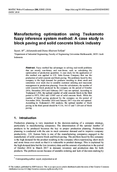 Pdf Manufacturing Optimization Using Tsukamoto Fuzzy Inference System