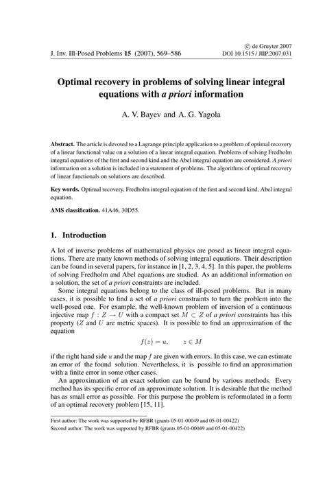 Pdf Optimal Recovery In Problems Of Solving Linear Integral Equations With A Priori Information