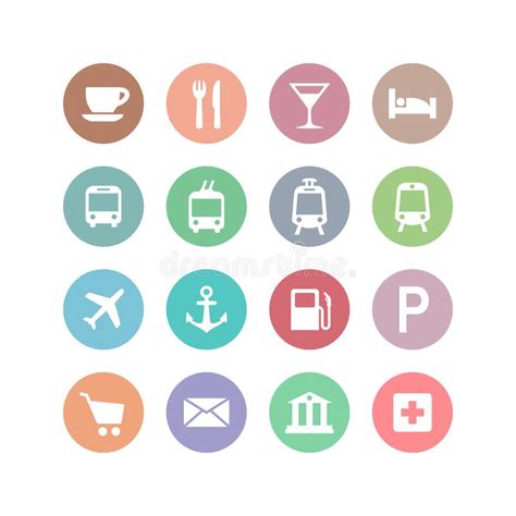 Circe Location Stamp Set With Cafe Restaurant Hotel Bus Train Station Stock Vector