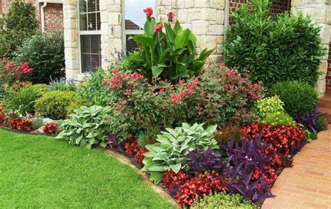 Front Entry Flower Bed Design With Canna Knock Out Roses And More