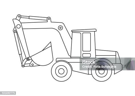 크레인이 있는 굴삭기 건설용 트랙터 라인 컬러링 측면 굴착기의 개요 불도저의 산업 도면 자동차 등고선 도면 벡터 격리 그림 굴착 차량에 대한 스톡 벡터 아트 및 기타 이미지