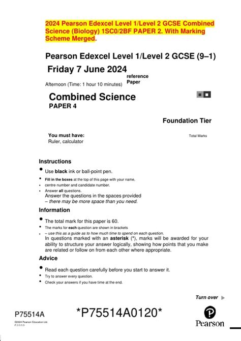 2024 Pearson Edexcel Level 1 Level 2 Gcse Combined Science Biology 1sc0 2bf Paper 2 With
