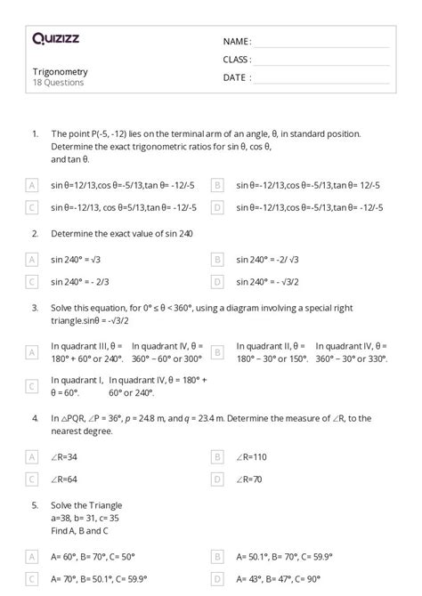 50 Trigonometry Worksheets For 11th Class On Quizizz Free And Printable