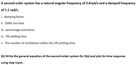 A Second Order System Has A Natural Angular Frequency Of 26rads And A