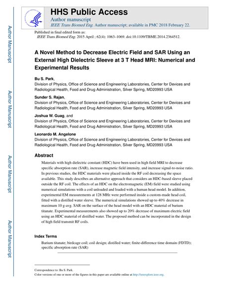 Pdf A Novel Method To Decrease Electric Field And Sar Using An External High Dielectric Sleeve