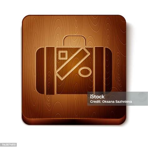 흰색 배경에 고립 된 여행 및 스티커 아이콘을위한 갈색 가방 여행 수하물 표지판 여행 수하물 아이콘입니다 나무 사각형 버튼입니다 벡터 일러스트레이션 가방에 대한 스톡 벡터
