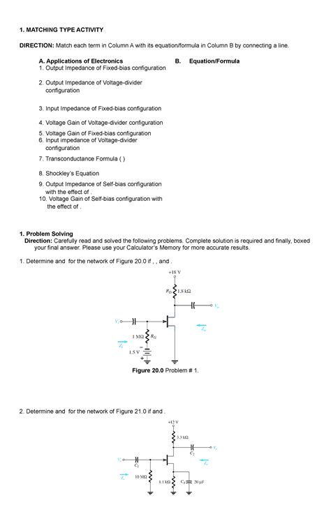 Electronic Circuits Analysis And Design Practice Problem MATCHING TYPE ACTIVITY DIRECTION