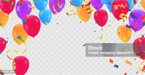 풍선 다양한 색상과 리본을 가진 그랜드 오프닝 카드 디자인 색종이 멀티 컬러 기념일 일러스트 레이 션 가위에 대한 스톡 벡터