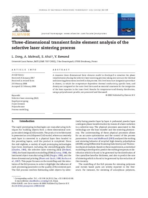 Pdf Three Dimensional Transient Finite Element Analysis Of The Selective Laser Sintering Process