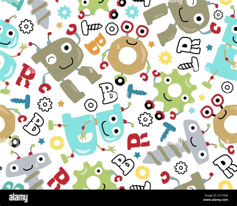 Seamless Pattern Vector Of Funny Robots Alphabet Cartoon Robot