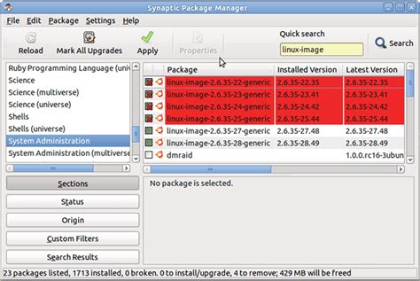 removing old kernels in ubuntu with synaptic cnx software