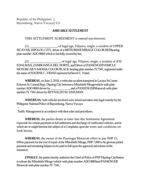 Amicable Settlement With Release Of Vehicle Pdf