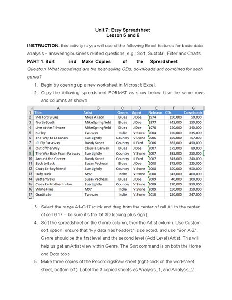 Unit7 Easy Spreadsheet Activity Unit 7 Easy Spreadsheet Lesson 5 And