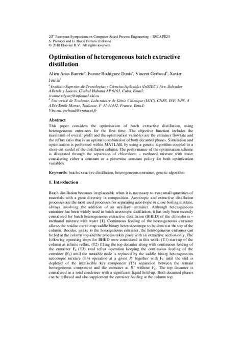 Pdf Optimisation Of Heterogeneous Batch Extractive Distillation