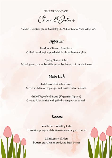 Free Wedding Menu Templates Editable And Printable