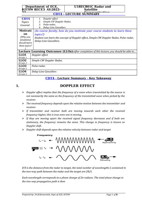 Simple Cw Doppler Radar Department Of Ece Kitsw 8ece3 Ay2022 23 U18ec801c Radar And