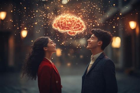 couple facing each other with glowing brain connection depicting