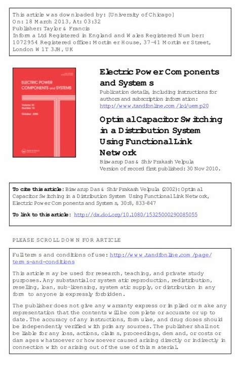 Pdf Optimal Capacitor Switching In A Distribution System Using