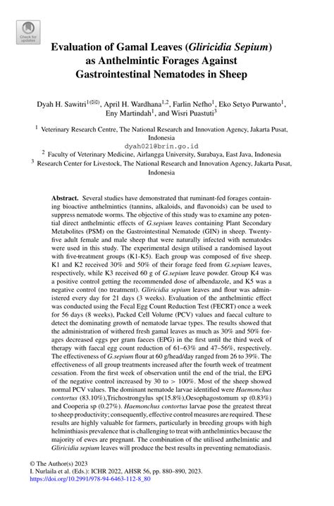 Pdf Evaluation Of Gamal Leaves Gliricidia Sepium As Anthelmintic Forages Against