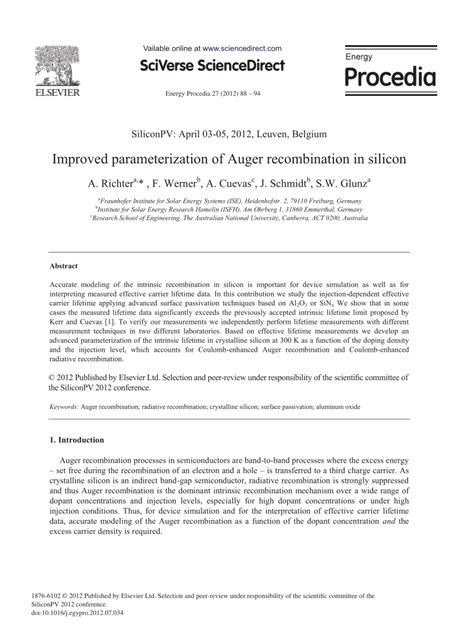 Pdf Improved Parameterization Of Auger Recombination In Silicon