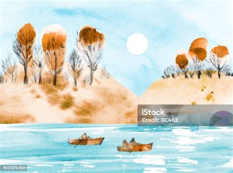 가을 낚시 보트 푸른 호수 산 및 나무에 어부가있는 수채화 벡터 풍경 강에서 낚시 포스터 엽서 배너에 대한 스케치가있는 그림 금색에 대한 스톡 벡터 아트 및 기타 이미지