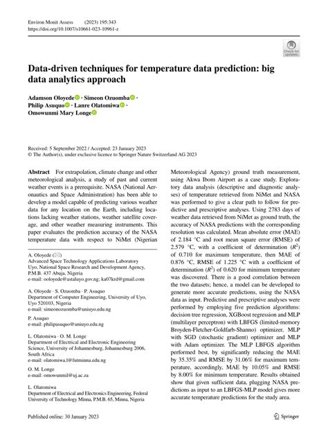 Pdf Data Driven Techniques For Temperature Data Prediction Big Data